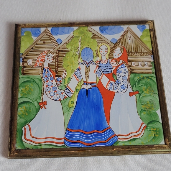Art | Vintage Handpainted Ceramic Tile Russian Folk Scene Girls Dancing ...